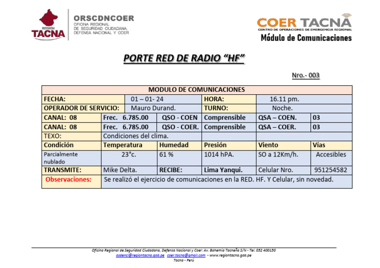 REPORTE RED HF Nro. 003 Turno Tarde. | PDF