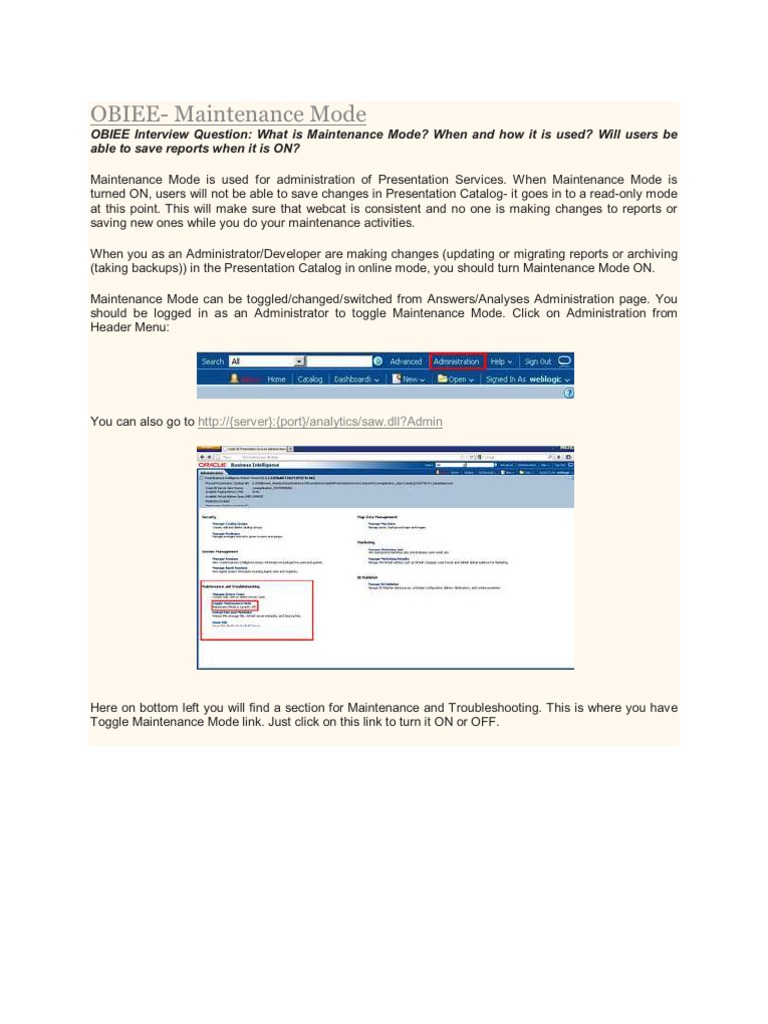 Obiee Maintainance Mode | PDF | Oracle Database | Databases