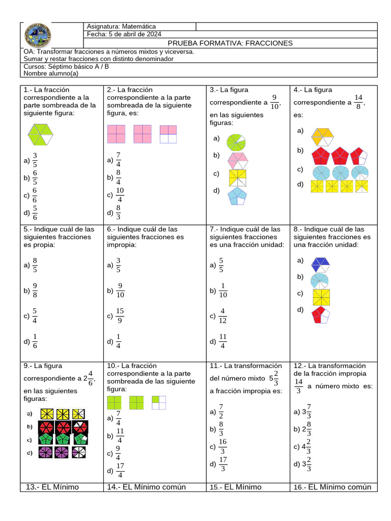 Prueba de Fracciones Séptimo Básico | PDF
