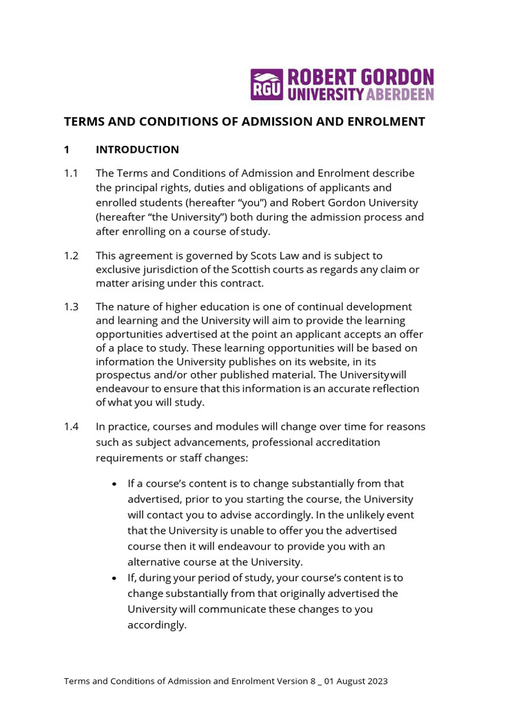 RGU Admission and Enrolment Terms | PDF | Travel Visa | Contractual Term