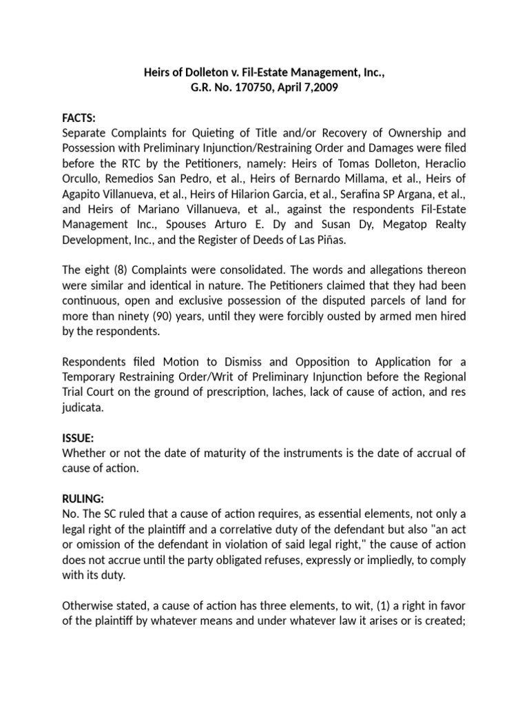 Heirs of Dolleton v. Fil-Estate Management, Inc. | PDF | Cause Of ...