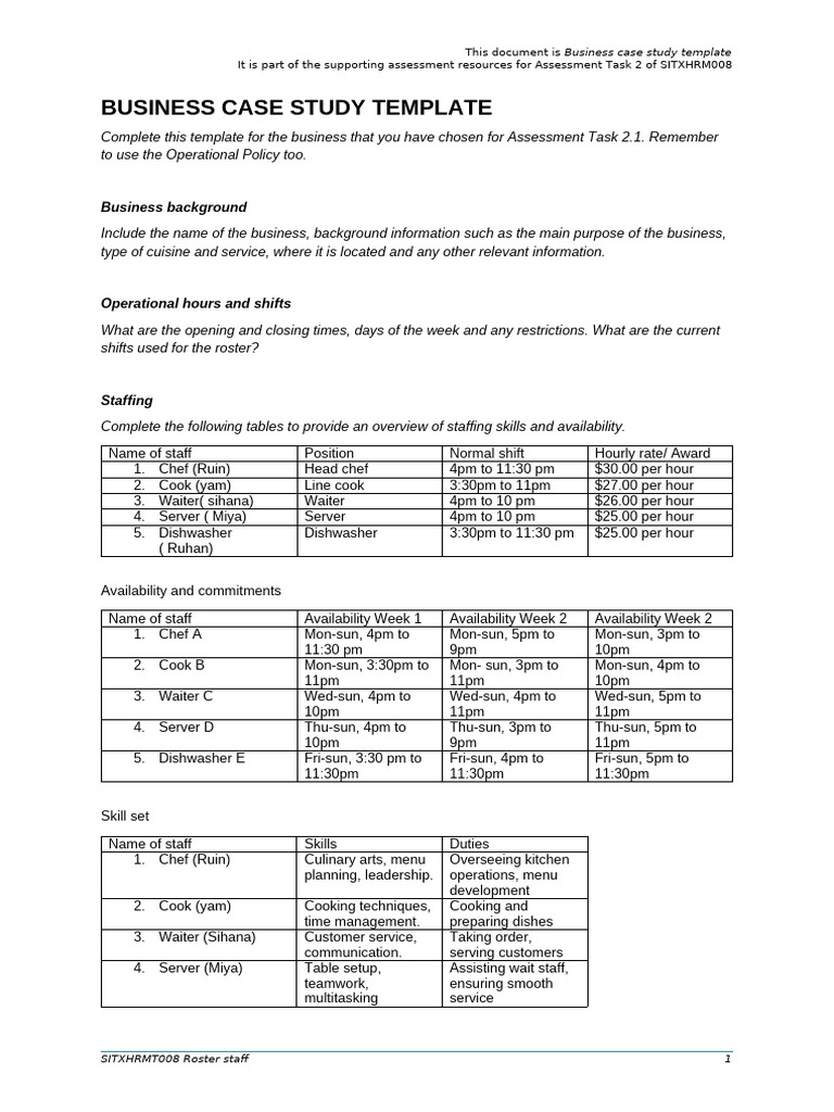 Business Case Study Template | PDF | Waiting Staff | Chef