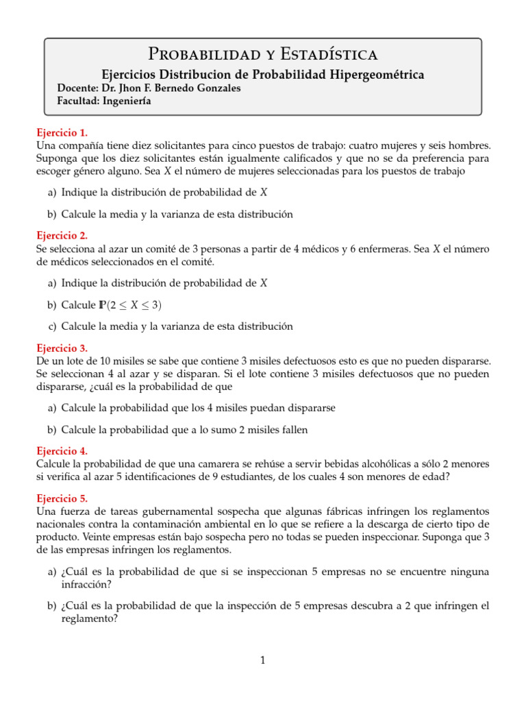 Prob5 Ejercicios Distrib Hipergeometrica | PDF | Probabilidad | Teoría de probabilidad