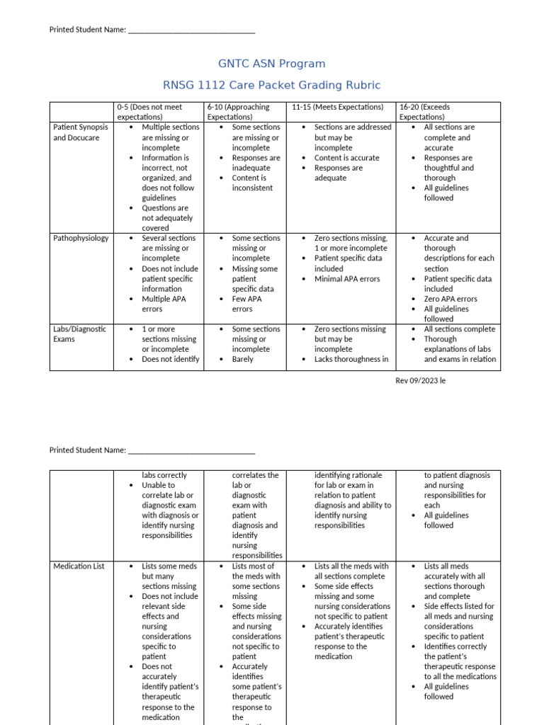 Care Packet Grading Rubric | PDF | Nursing | Health Sciences