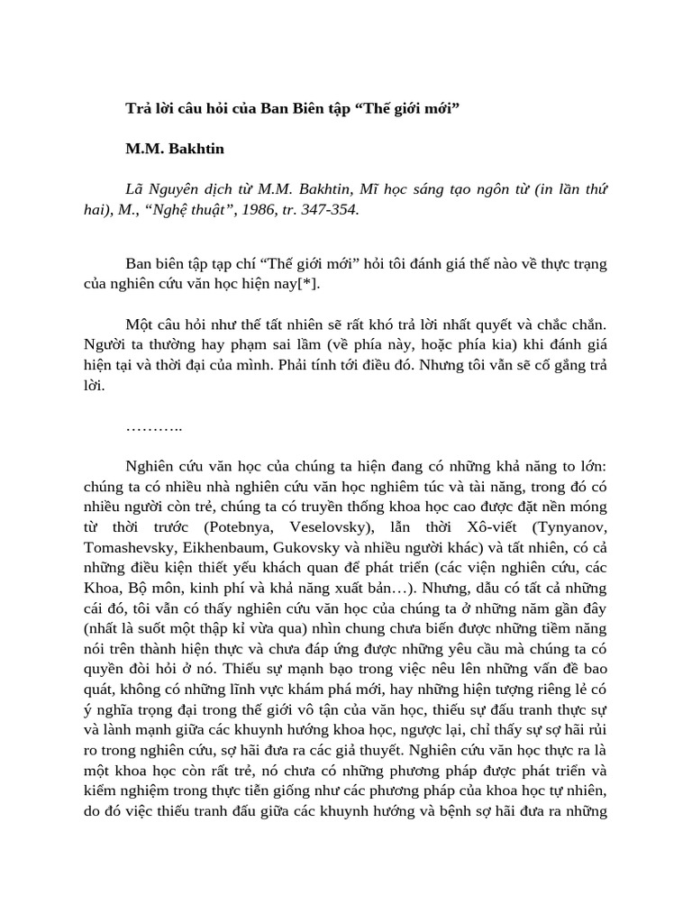 Bakhtin trả lời câu hỏi của Ban Biên tập 'Thế giới mới' | PDF