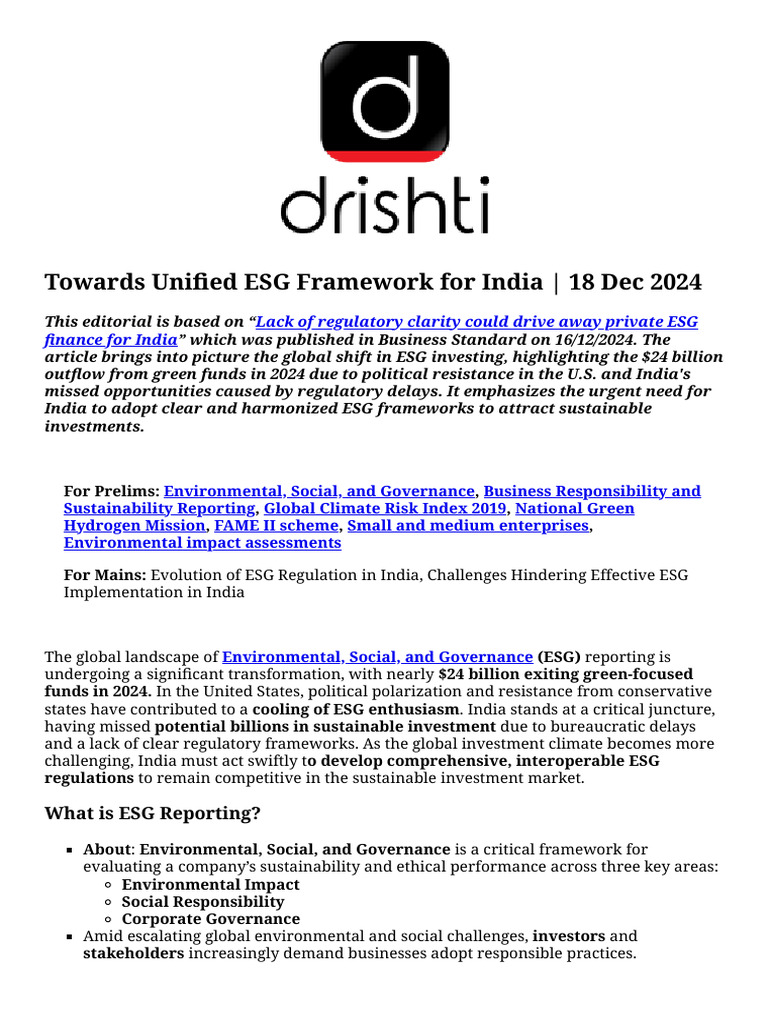 India's Need for Unified ESG Framework | PDF | Sustainability ...