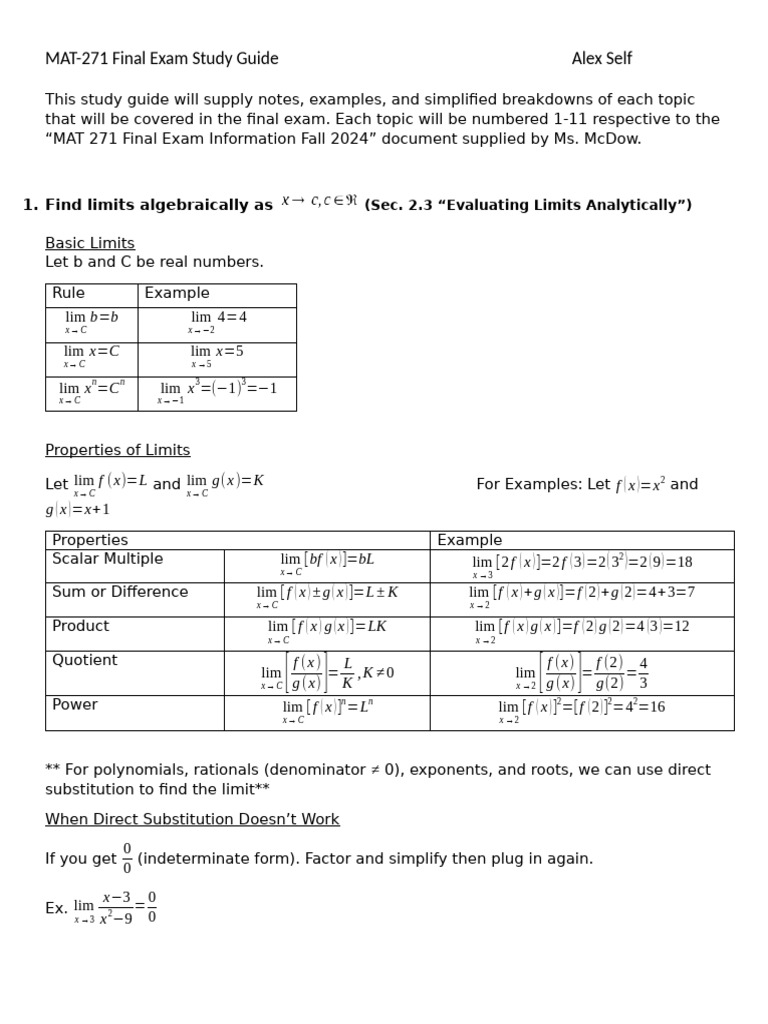 MAT-271 Final Exam Study Guide | PDF | Polynomial | Elementary Mathematics
