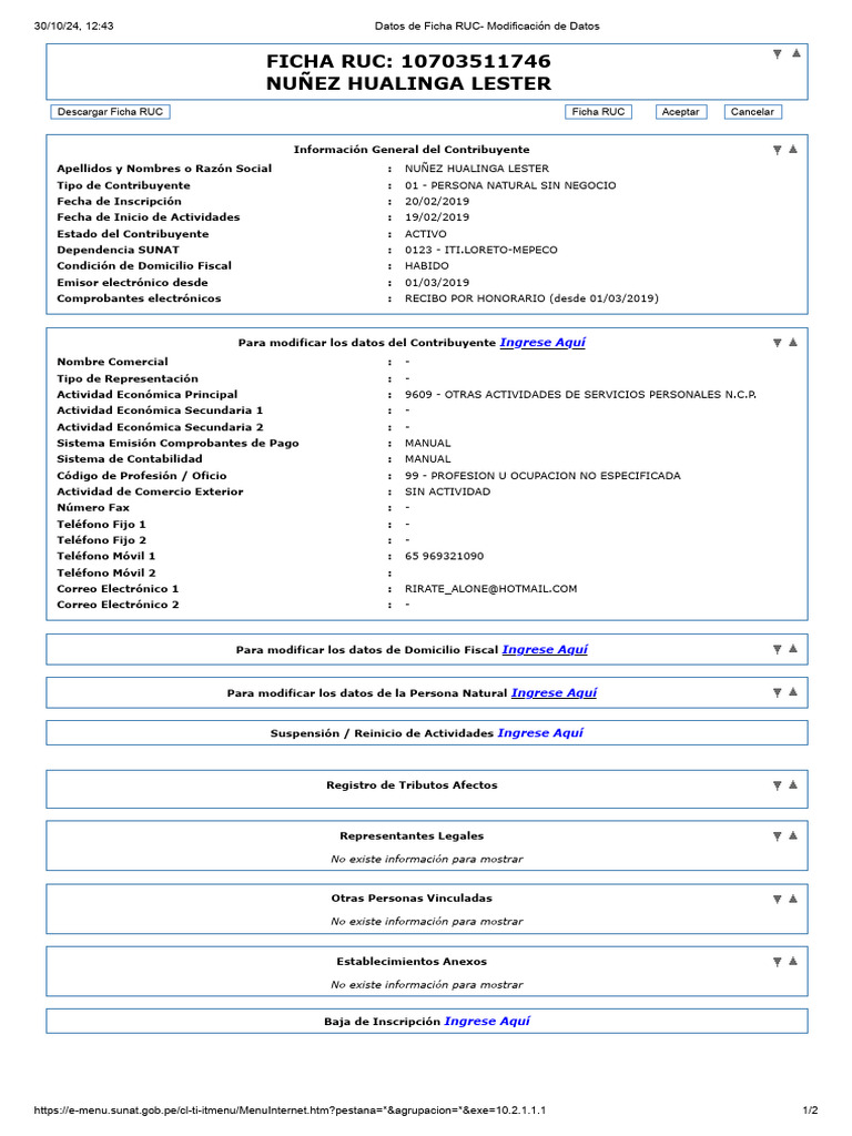 FICHA RUC: 10703511746 Nuñez Hualinga Lester: Ingrese Aquí | PDF ...