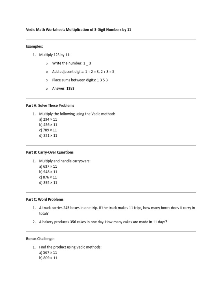 Vedic Math Worksheet - Class 2 | PDF