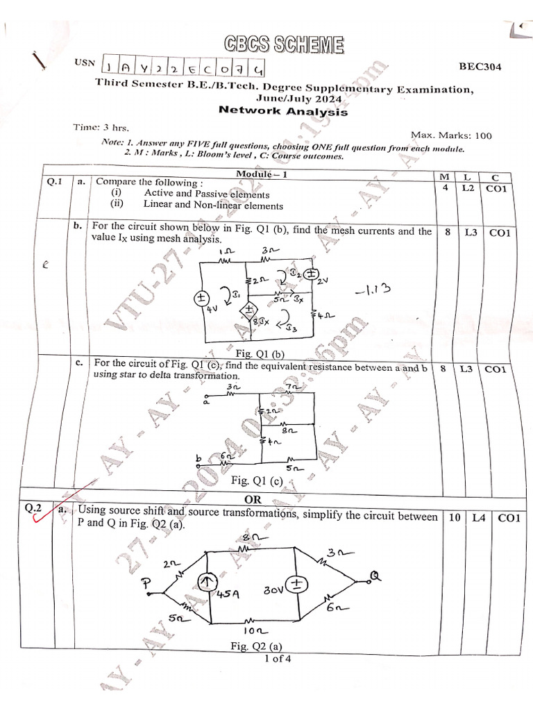 Network Analysis BEC304 VTU Question Paper June 2024 | PDF