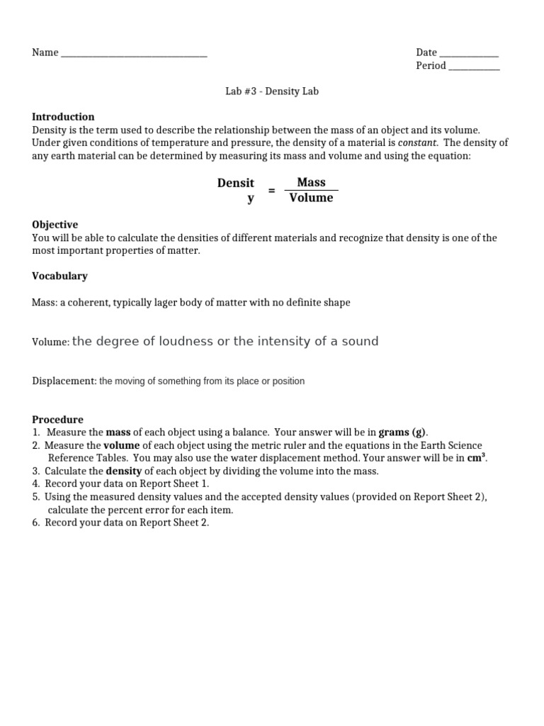 Density - Lab - 2021 9 22 | PDF | Density | Volume