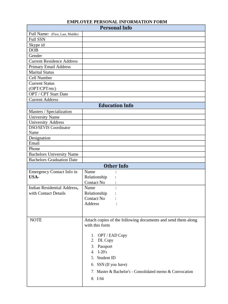 Employee Personal Information Form | PDF