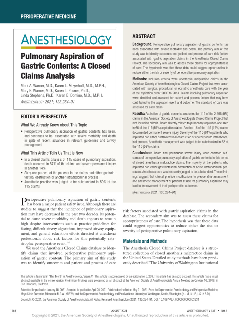 Anesthesiology 135 (284-291) 2021 | PDF | Anesthesia | Surgery