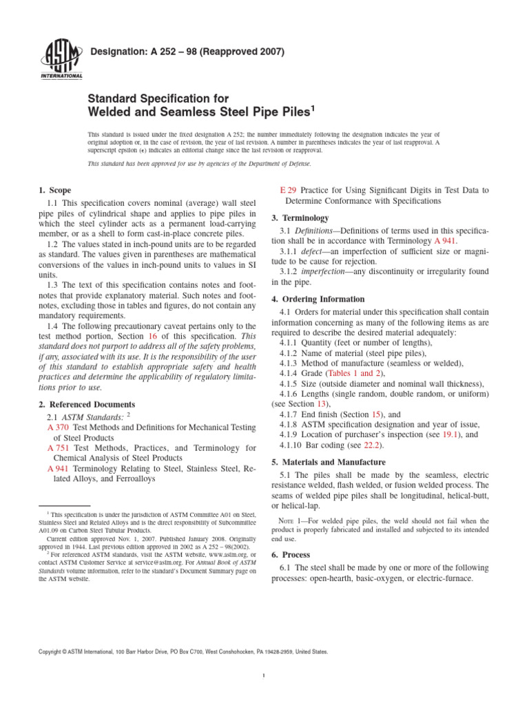 ASTM A252 | PDF | Pipe (Fluid Conveyance) | Welding