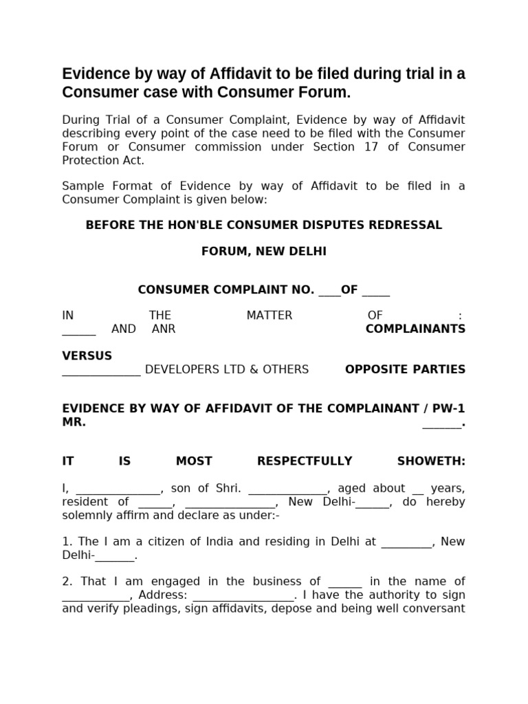 Evidence by Way of Affidavit To Be Filed During Trial in A Consumer ...