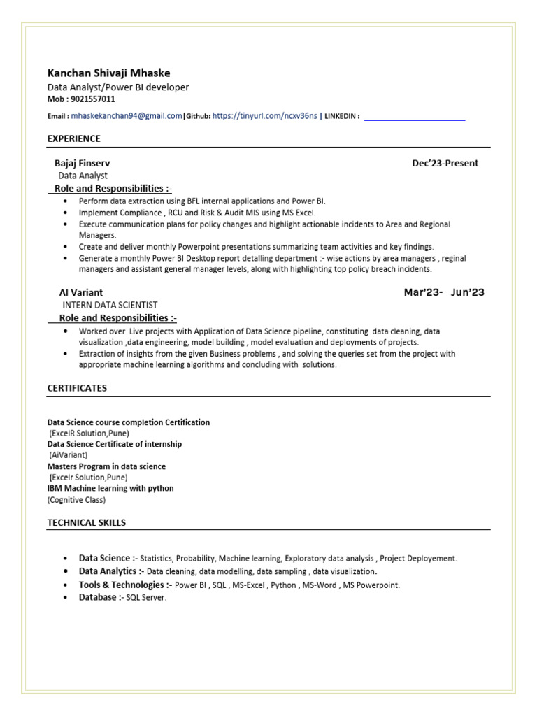 Kanchan Mhaske Resume (Updated) | PDF | Data Science | Data Analysis