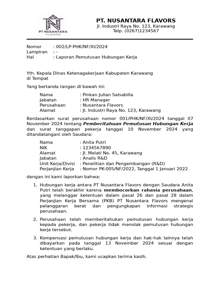 Surat PHK Format 3 | PDF