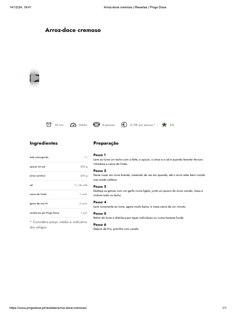 Arroz-Doce Cremoso - Receitas - Pingo Doce | PDF