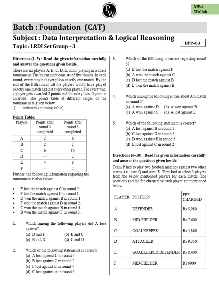 LRDI Sets - LRDI Set Group - 3 - DPP 03 - MBA Foundation 2023 | PDF | Logic