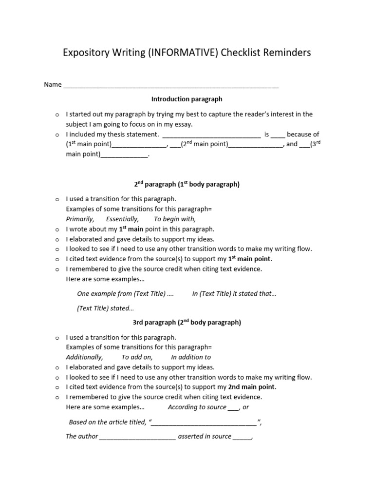 Expository Writing Checklist Guide | PDF | Essays | Human Communication