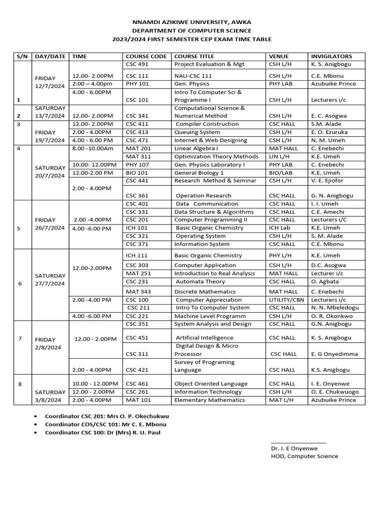 CSC 2023/2024 Exam Time Table | PDF | Computing | Computer Programming