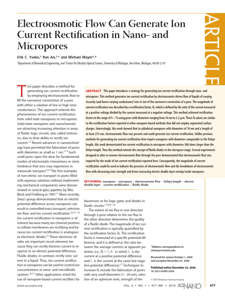 ACS Nano 2010 Electroosmotic Flow Can Generate Ion Current Rectification in Nano - and ...