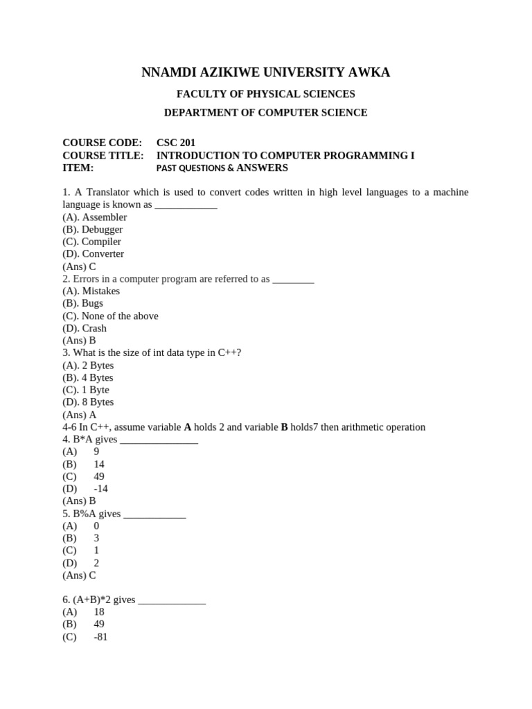 CSC201 Past Questions and Answers | PDF | Parameter (Computer Programming) | Class (Computer ...