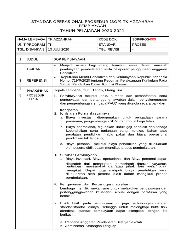 PDF Standar Operasional Prosedur Sop TK Azzahrah Pembiayaan Tahun Pelajaran 2020 2021 - Compress ...