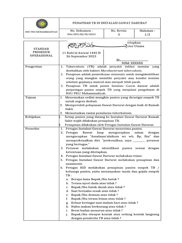 SPO Penapisan TB Di Instalasi Gawat Darurat | PDF