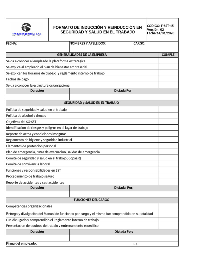 FORMATO INDUCCION Y RE-INDUCCION | PDF