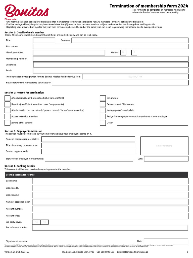 Bonitas Membership Termination Form 2024 | PDF