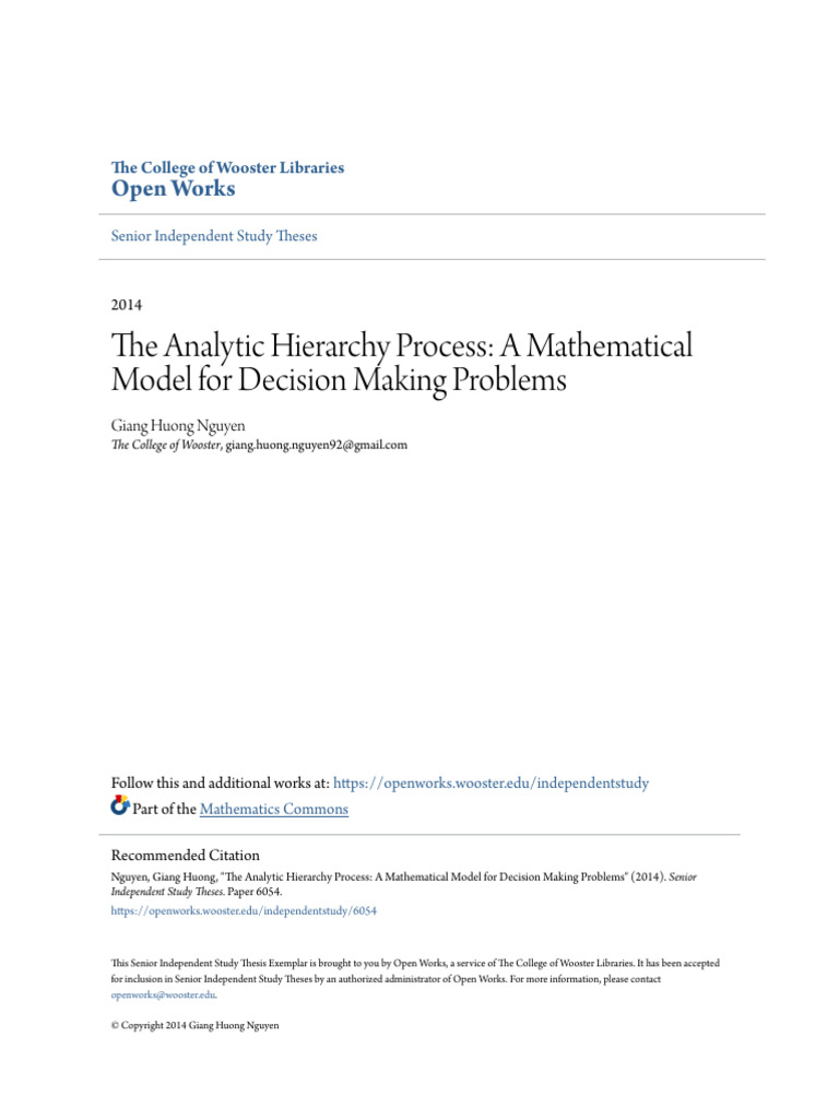 The Analytic Hierarchy Process A Mathematical Model For Decision Pdf