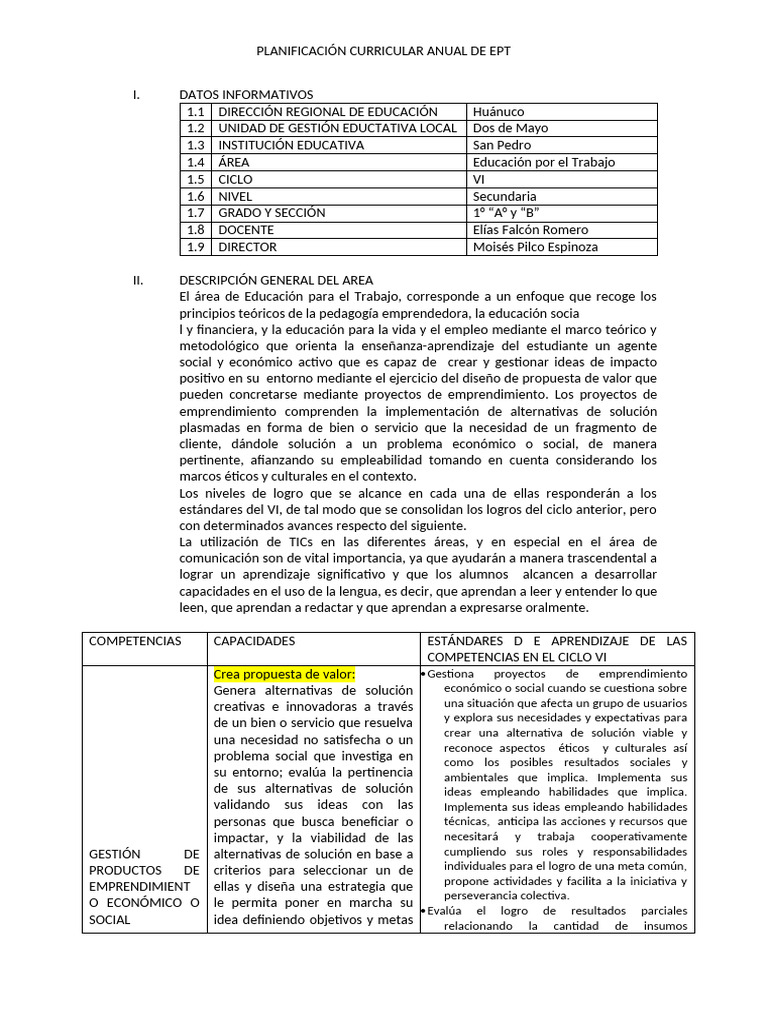 plan anual de trabajo ept 1° grado | PDF | Iniciativa empresarial | Planificación