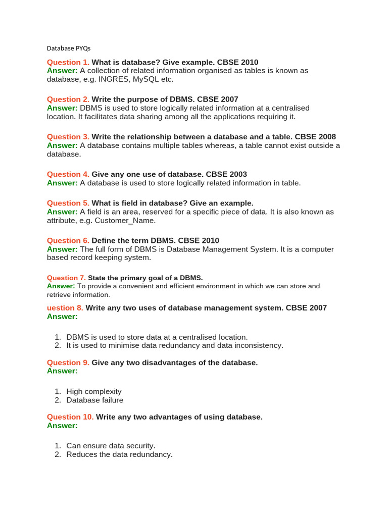 Database PYQs | PDF | Databases | Relational Database