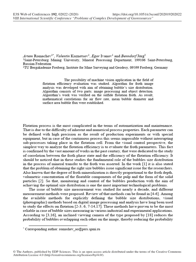 Romachev, A., Kuznetsov, V., Ivanov, E., y Jörg, B. (2020). Flotation Froth Feature Analysis ...