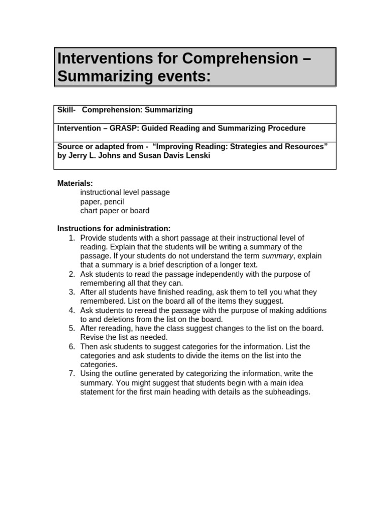 Comprehension Summarizing Events | PDF | Reading Comprehension | Cognition