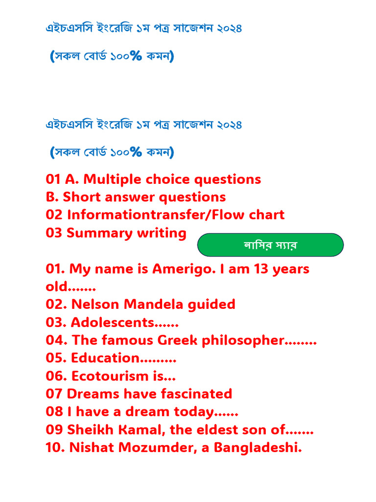 HSC English 1st Paper Suggestion 2024 | PDF