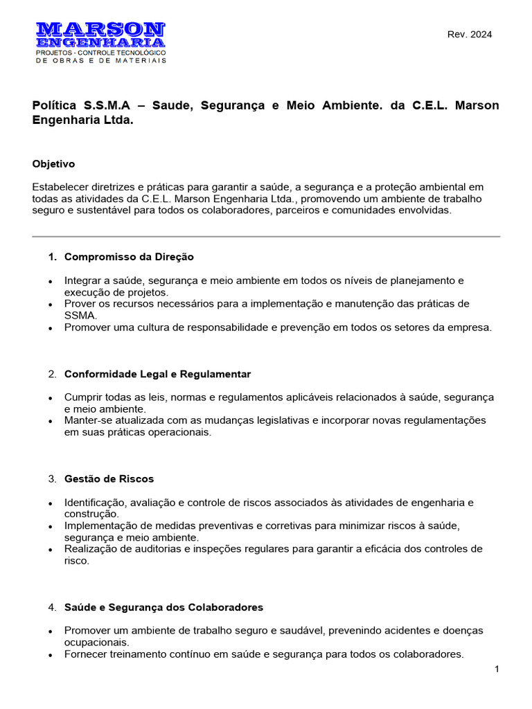 Política de SSMA da C.E.L. Marson | PDF | Desperdício | Ambiente natural
