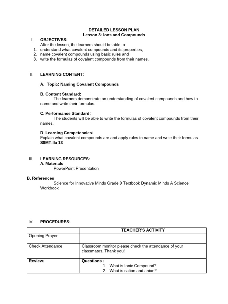 Lesson Plan Covalent Naming | PDF | Chemical Compounds | Covalent Bond