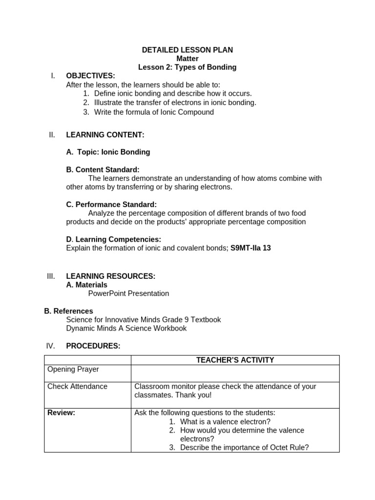 Lesson Plan in Ionic Bonding | PDF | Ion | Ionic Bonding
