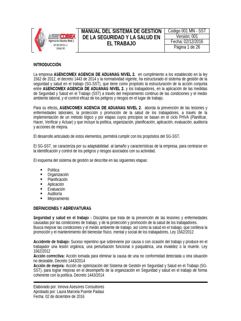 Manual SG-SST para ASENCOMEX | PDF | Higiene Ocupacional | Riesgo