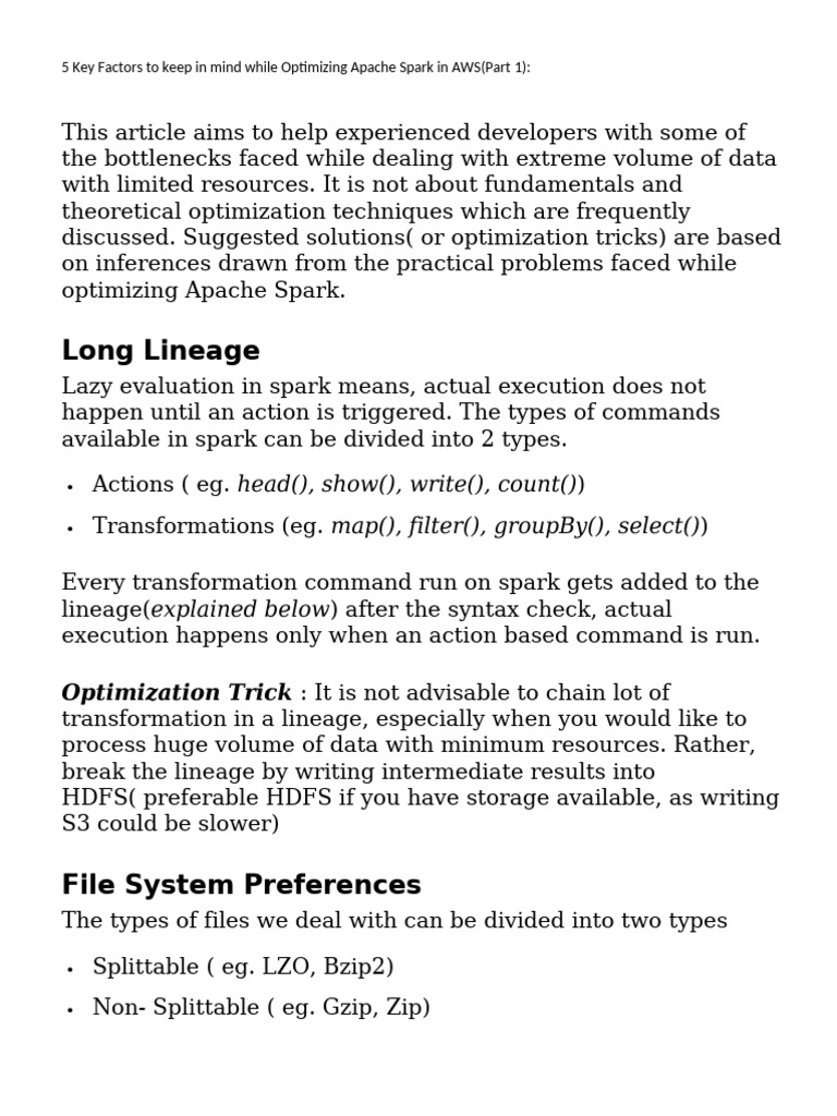 5 Key Factors to keep in mind while Optimizing Apache Spark in AWS | PDF | Apache Hadoop ...