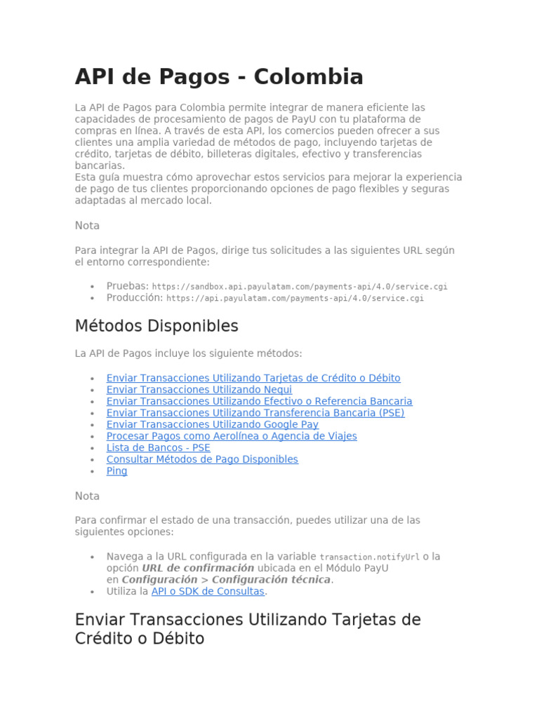API Pagos Colombia: Métodos y Guía | PDF | Tarjeta de débito ...