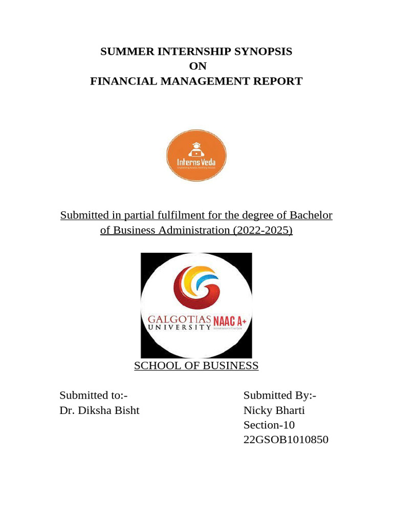 Synopsis On Financial Management Report | PDF