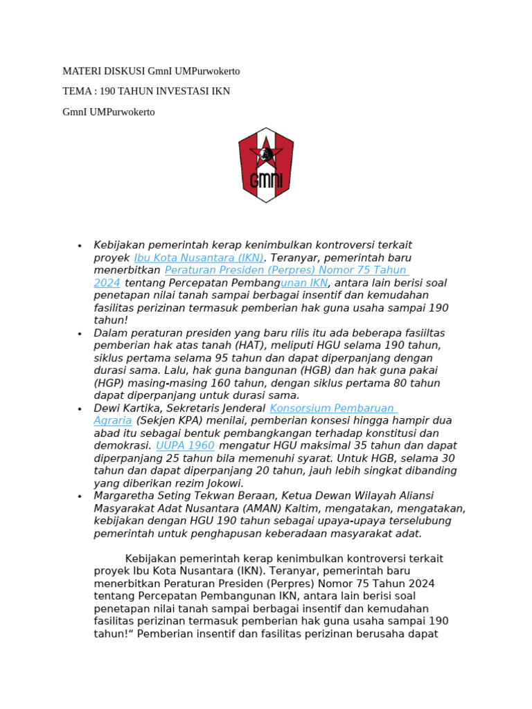 MATERI DISKUSI GmnI UMPurwokerto_IKN 190 TAHUN | PDF