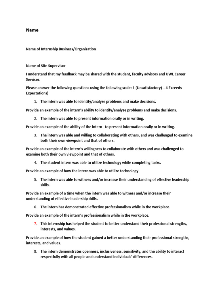 Supervisor Internship Evaluation | PDF | Internship | Job Hunting