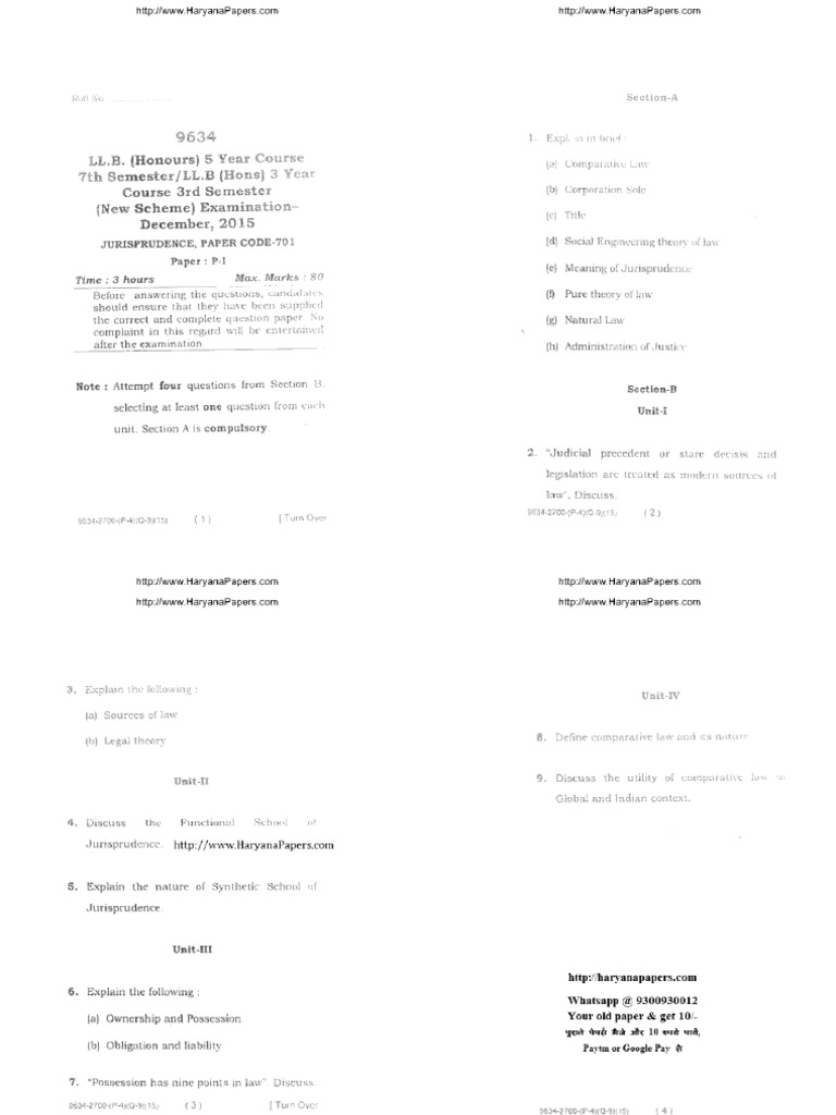 Llb 3 Sem Hons Jurisprudence 9634 Dec 2015 | PDF