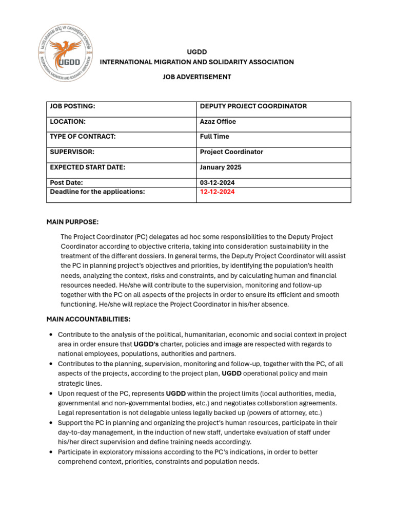 Job Ad 202411 Sy122 Deputy Project Coordinator | PDF | Non Governmental Organization | Business