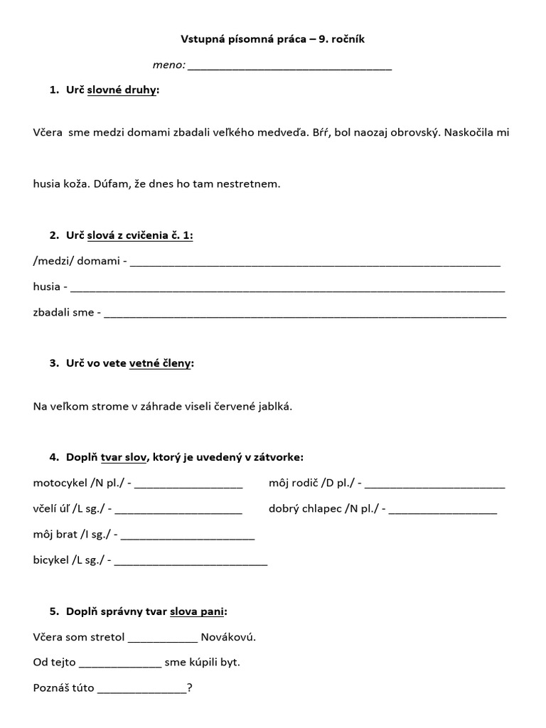 SJL - Vstupny Test - 9. Rocnik | PDF