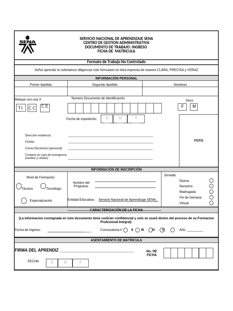 Formato Ficha de Matricula No Controlado Autorizado-Sena-Servicio Nacional de Aprendizaje | PDF